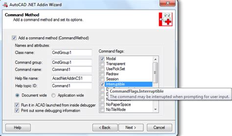 AutoCAD NET Command Flag CommandFlags Interruptible AcadNetAddinWizard More