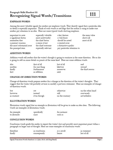 111 Recognizing Signal Transition Words Pdf Thought Reason