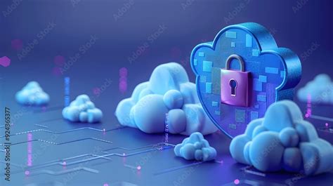 D Cloud Computing Security Concept With Key Lock And Digital Clouds Representing Data