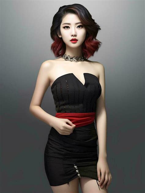 AI Generated Beautiful Korean Girl With Bob Hair Wearing A Skimpy Dress Red Lips Toned