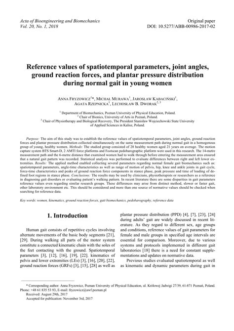 Pdf Reference Values Of Spatiotemporal Parameters Joint Angles Ground Reaction Forces And