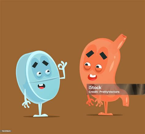 복 부와 약 문자 최고의 친구입니다 위장과 위장 건강 치료 평면 만화 일러스트 그래픽 디자인 개념 요소 알약에 대한 스톡 벡터 아트 및 기타 이미지 Istock