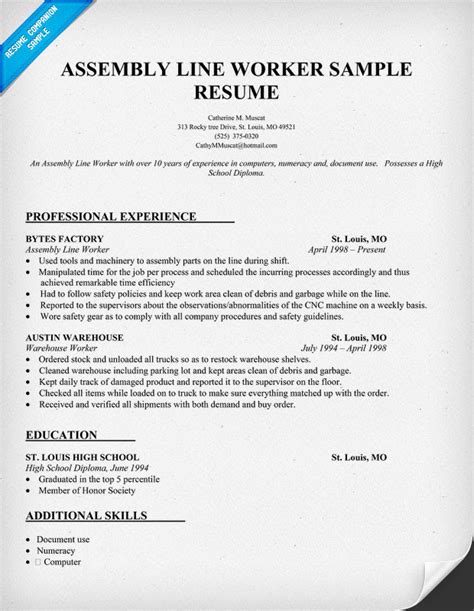 Resume Examples Assembly Line Sample Resume
