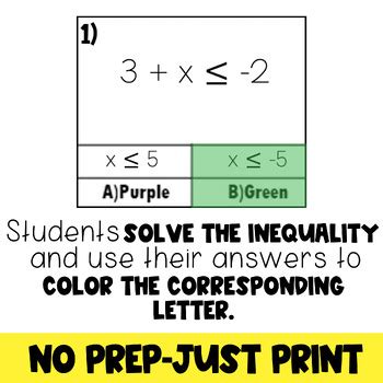 One Step Inequalities Using Addition And Subtraction Color By Number Worksheet