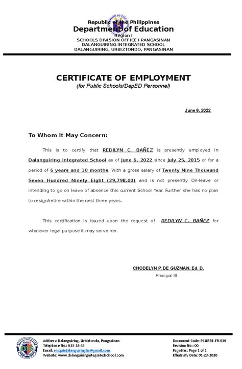 Certificate Of Employment Philippines