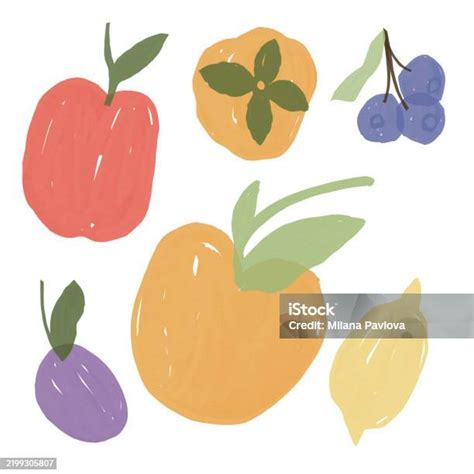 사과 자두 감 복숭아 블루 베리 레몬을 포함한 신선한 과일 일러스트 세트 식품 관련 니트 디자인 가을에 대한 스톡 벡터 아트 및 기타 이미지 Istock