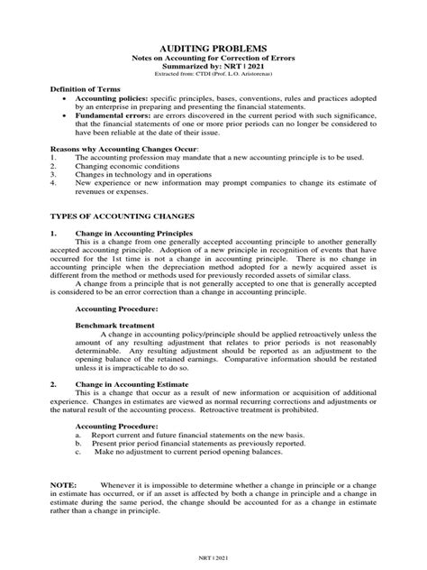 Notes In Auditing Problems Correction Of Errors Pdf Accounting