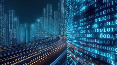 Abstract Highway Path Through Digital Binary Towers In Cityscape Hyperloop Transportation