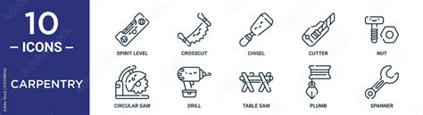 Carpentry Outline Icon Set Includes Thin Line Spirit Level Chisel Nut Drill Plumb Spanner