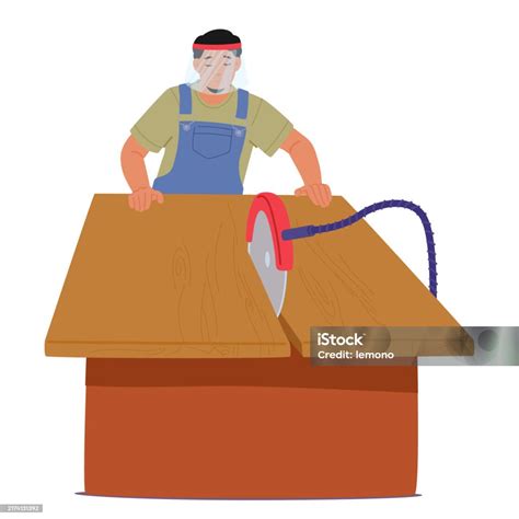 안전을 강조하는 작업장 환경에서 나무 판자에 원형 톱을 사용하여 안전 장비를 착용하는 목수 건설 산업에 대한 스톡 벡터 아트 및 기타 이미지 건설 산업 고용과 노동
