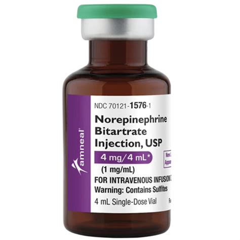 Norepinephrine Bitartrate Injection 1mg Ml Single Dose Vial 4ml Penn Care Inc