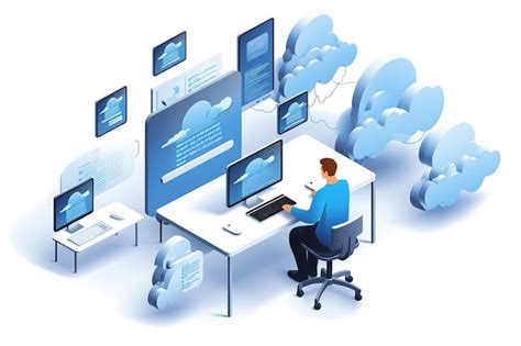 Isometric Cloud Technology People Working From Office Global Outsourcing People Using Cloud