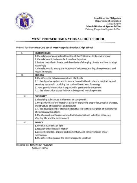 Pointers For Science Quiz Bee Pdf
