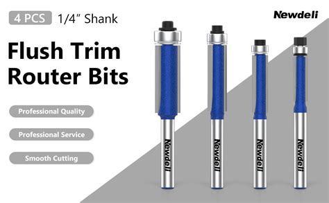 Newdeli 4pcs Flush Trim Router Bit Set 14 Inch Shank Bearing Dia 1
