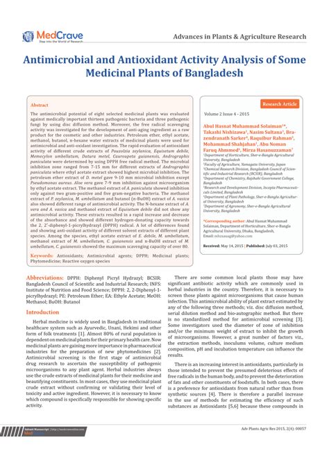 Pdf Antimicrobial And Antioxidant Activity Analysis Of Some Medicinal