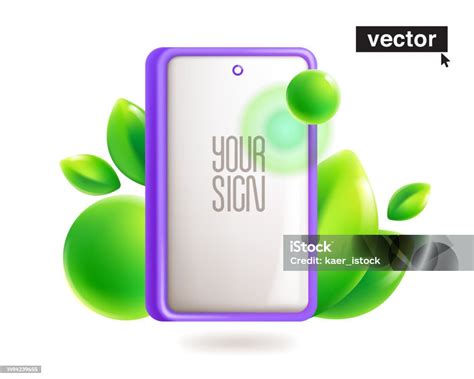 하얀 화면 초록색 나뭇잎과 구체 템플릿이 있는 스마트폰 휴대 전화 가제트 모형입니다 만화 플라스틱 스타일의 사실적인 3d 디자인 3차원 형태에 대한 스톡 벡터 아트 및 기타