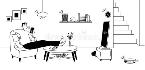 Smart Home Man Using Smart Home Control System In Smartphone Various Electronics With Smart