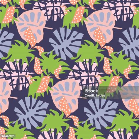 자주색 열 대 이국적인 나뭇잎 추상 콜라주 스타일 원활한 벡터 벽지와 직물 패턴을 인쇄합니다 0명에 대한 스톡 벡터 아트 및