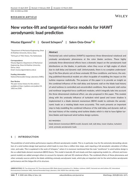 Pdf New Vortex‐lift And Tangential‐force Models For Hawt Aerodynamic Load Prediction