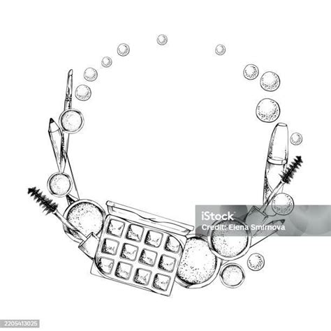 메이크업 아이섀도우 파우더 립스틱 팔레트 박스 크레용 펜슬 컨투어 마스카라 고립된 화환 프레임 선 벡터 스케치 잉크로 그린 손 미용실 살롱 일러스트 포장 화장품 가게 0명에