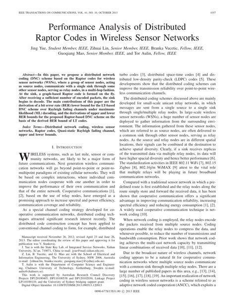 pdf performance analysis of distributed raptor codes in wireless sensor networks