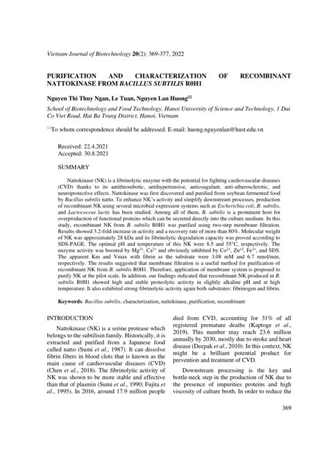 Pdf Purification And Characterization Of Recombinant Nattokinase From