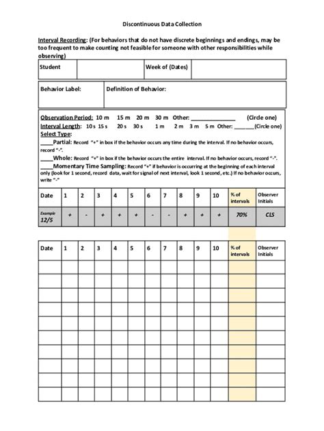 Fillable Online Stemedresearch Siu Discontinuous Data Collection Interval Recording Momentary