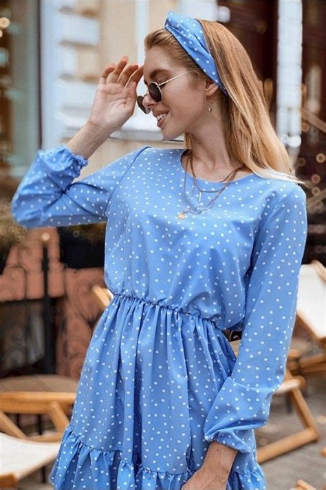 Купить голубое платье в горох длиной до колен 1333 Jk Fashion Модные стили Наряды Платья