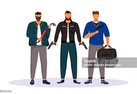 갱단 플랫 컬러 벡터 얼굴없는 문자의 그룹 지렛대와 권총을 가진 남자 무기를 들고 있는 폭도들 총을 가진 범죄자 범죄 그룹화 고립 된 만화 일러스트레이션 폭력배에 대한 스톡