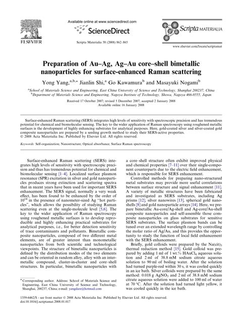 Pdf Preparation Of Au Ag Ag Au Core Shell Bimetallic Nanoparticles For Surface Enhanced Raman