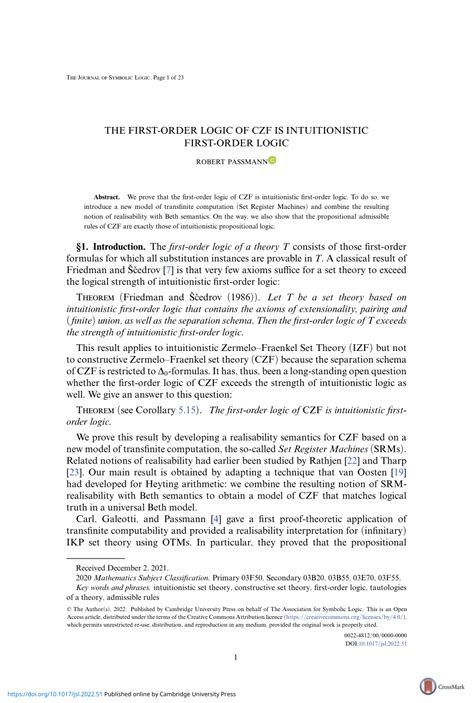Pdf The First Order Logic Of Czf Is Intuitionistic First Order Logic