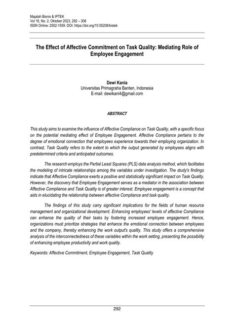 Pdf Effect Of Affective Commitment On Task Quality Mediating Role Of