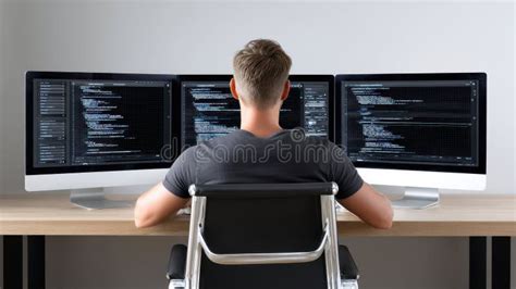 Programmer Working With Multiple Monitors And Coding Software Stock Illustration Illustration