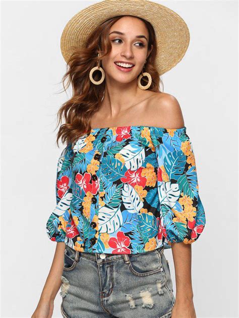 35 Off 2021 Tropical Print Off The Shoulder Top In Multi Zaful