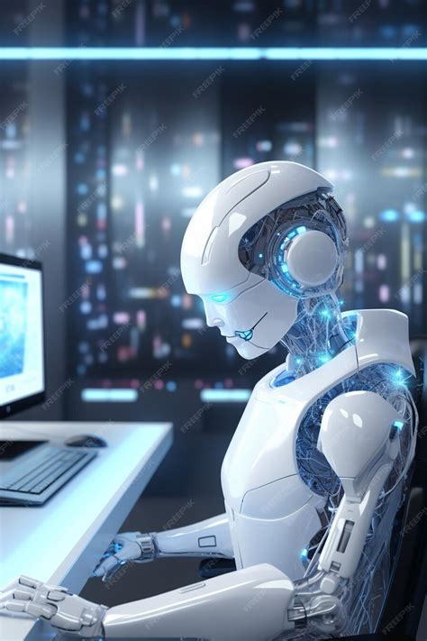 Premium Photo Artificial Intelligence Robot Working At Computer In Office It Team Humanoid