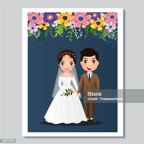 결혼식 초대 장 카드 신부와 신랑 귀여운 커플 만화 캐릭터 이벤트 축하를 위한 다채로운 벡터 일러스트레이션 결혼식에 대한 스톡