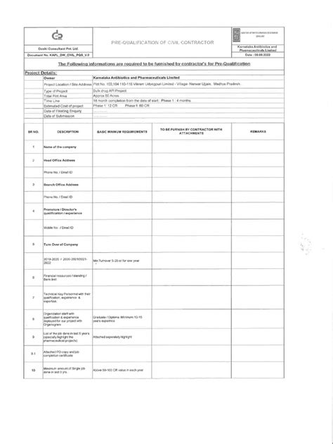 Prequalification Format For Civil Vendor Pdf