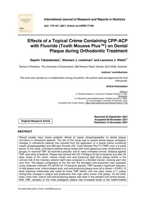 Pdf Effects Of A Topical Crème Containing Cpp Acp With Fluoride