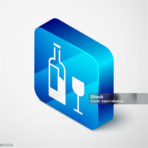 회색 배경에 격리된 유리 아이콘이 있는 아이소메트릭 와인 병 파란색 사각형 버튼 벡터 0명에 대한 스톡 벡터 아트 및 기타 이미지 0명 3차원 형태 공란 Istock