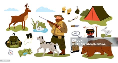 사냥꾼 장비 총과 개로 사냥하는 만화 캐릭터 숲 곰과 사슴 모닥불 요리 쌍안경과 배낭 나침반과 캠핑 텐트 먹이를 스토킹합니다 화려한 벡터 세트 개에 대한 스톡 벡터 아트 및