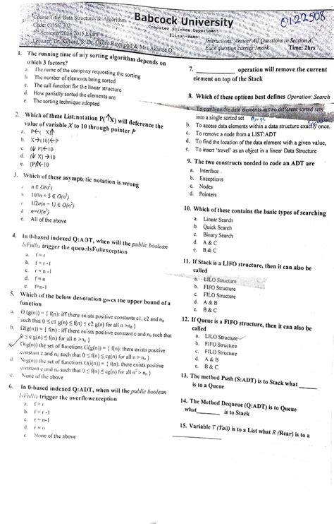 Cosc302 Exam 14 15 Note The Running Time Of A Sorting