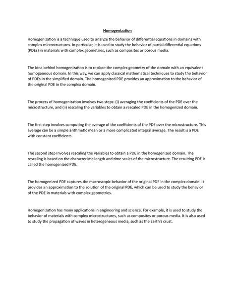 Homogenization Homogenization Homogenization Is A Technique Used To Analyze The Behavior Of