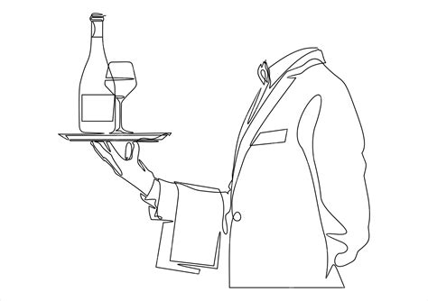 Dessin Au Trait Continu Dun Plateau De Maintien De Main De Serveur Avec Une Bouteille De Vin Et