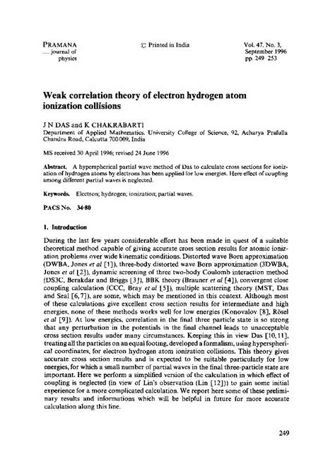 Pdf Weak Correlation Theory Of Electron Hydrogen Atom Ionization