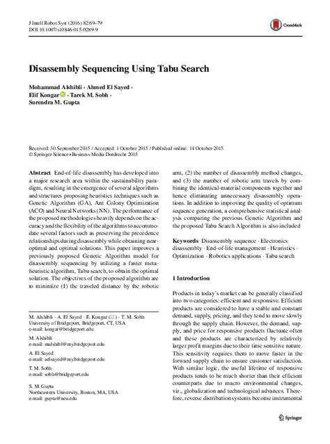 Pdf Disassembly Sequencing Using Tabu Search