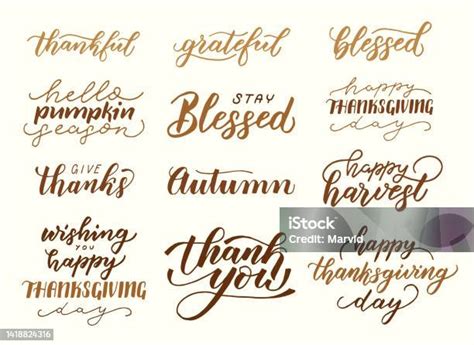 추수 감사절 문구 세트 영감을주는 가을 필기 따옴표 편지 현대 브러시 서예 감사에 대한 스톡 벡터 아트 및 기타 이미지 감사 추수감사절 가을 Istock