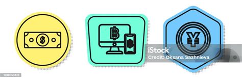세트 라인 스택 종이 돈 현금 휴대 전화와 비트 코인과 동전 과 동전 돈 컴퓨터 모니터 엔 기호와 동전 컬러 셰이프입니다 벡터 0명에 대한 스톡 벡터 아트 및 기타 이미지