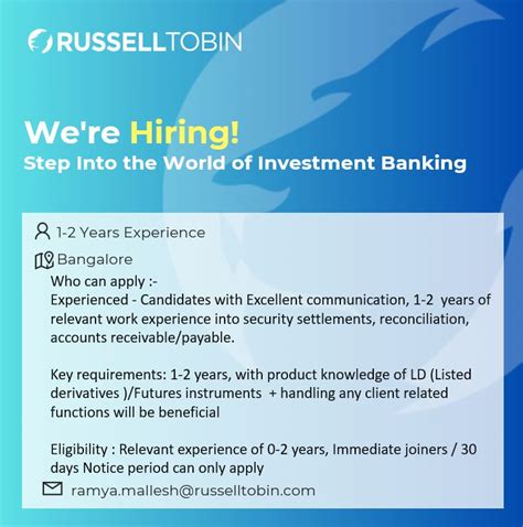 Hiring Alert Russell Tobin Is Hiring For One Of The Leading Investment Banking Firm Role