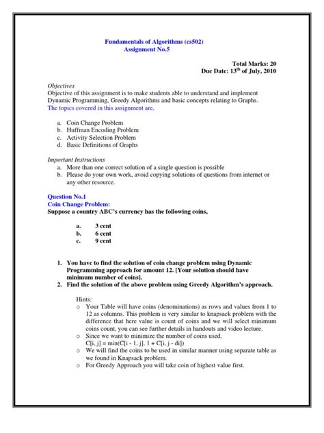 fundamentals of algorithms cs502 assignment no 5 objectives pdf