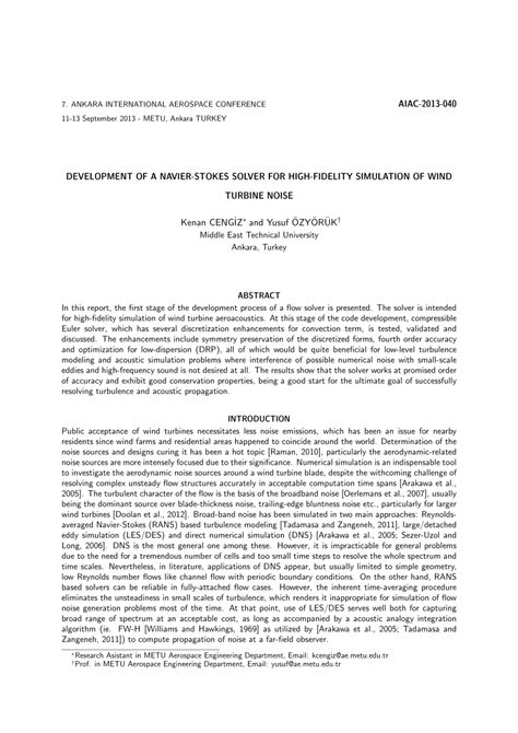 Pdf Development Of A Navier Stokes Solver For High Fidelity Simulation Of Wind Turbine Noise